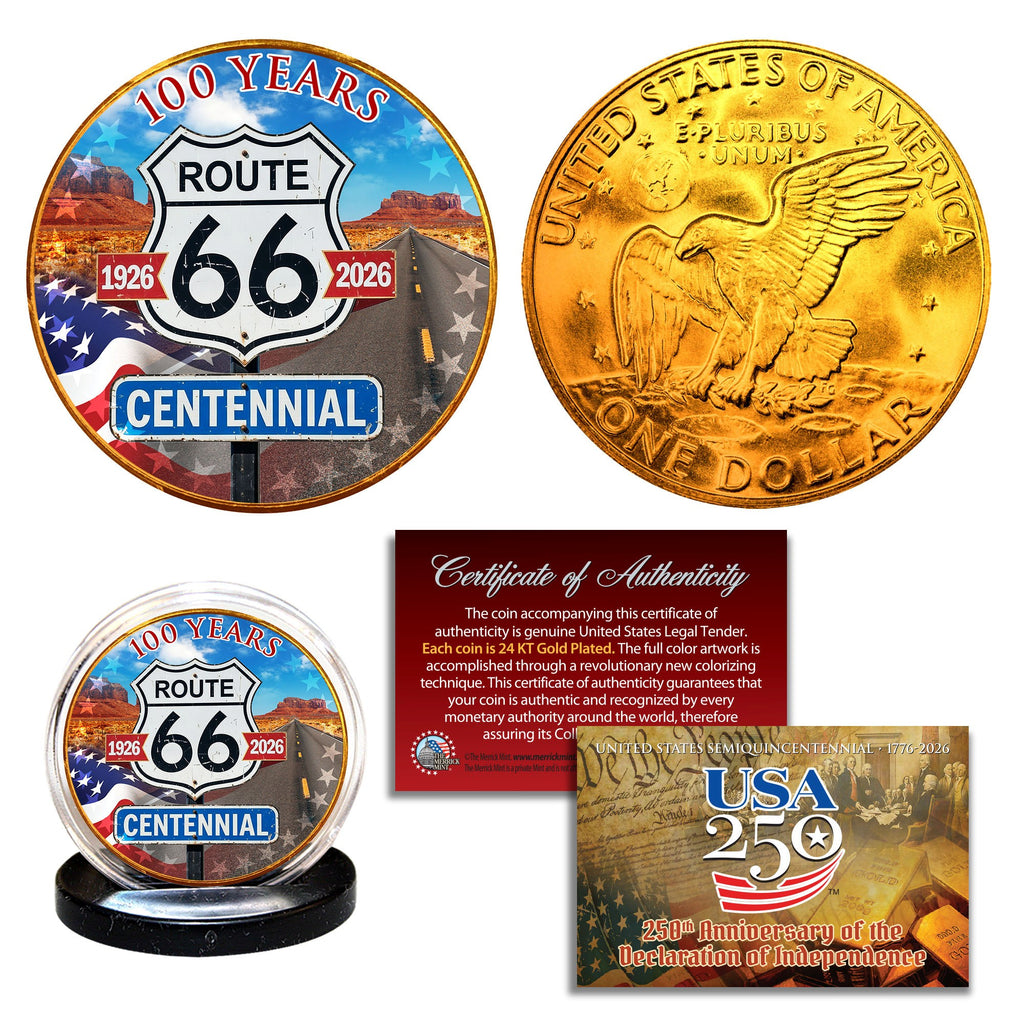 Route 66 Centennial (1926 - 2026) 24 KT Gold One Dollar Coin – USA 250 ...