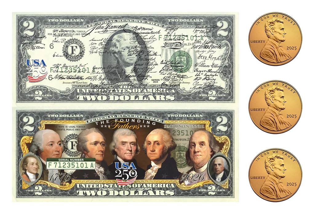 250th Anniversary Founding Fathers Collectible $2 Bill Set + Three 24K ...