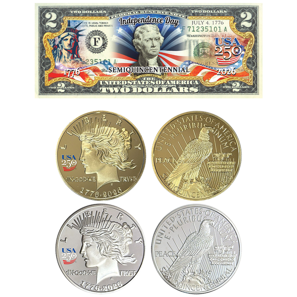 USA 250th Patriotic Bundle – Peace Coins & Independence $2 Bill – Proud ...