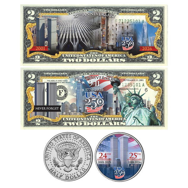 9/11 25th Anniversary + America's 250th Anniversary Coin & $2 Bill Bun ...